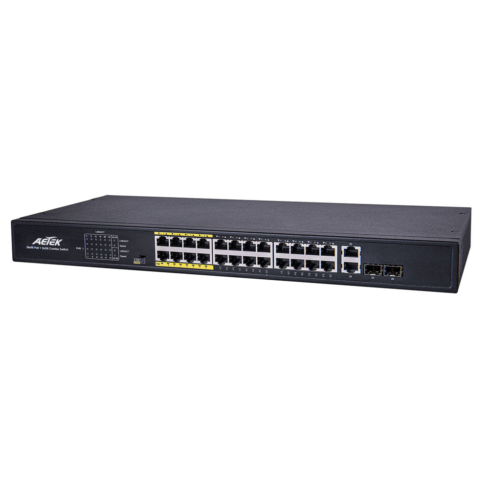 Aetek 24 Port Unmanaged PoE Switch, 2x Gigabit Combo, Ex Mode, 250m, 3 ...